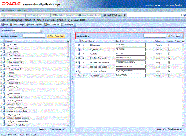 Edit Output Group Mapping Tab Used Variables